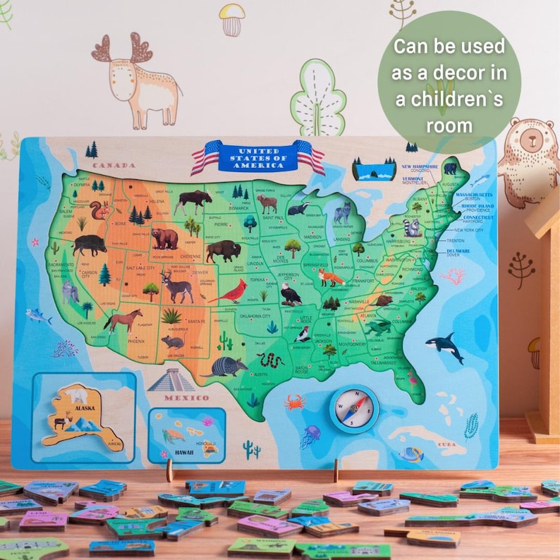 United States Map Wooden Puzzle for Kids Educational Geography Game 4 ...