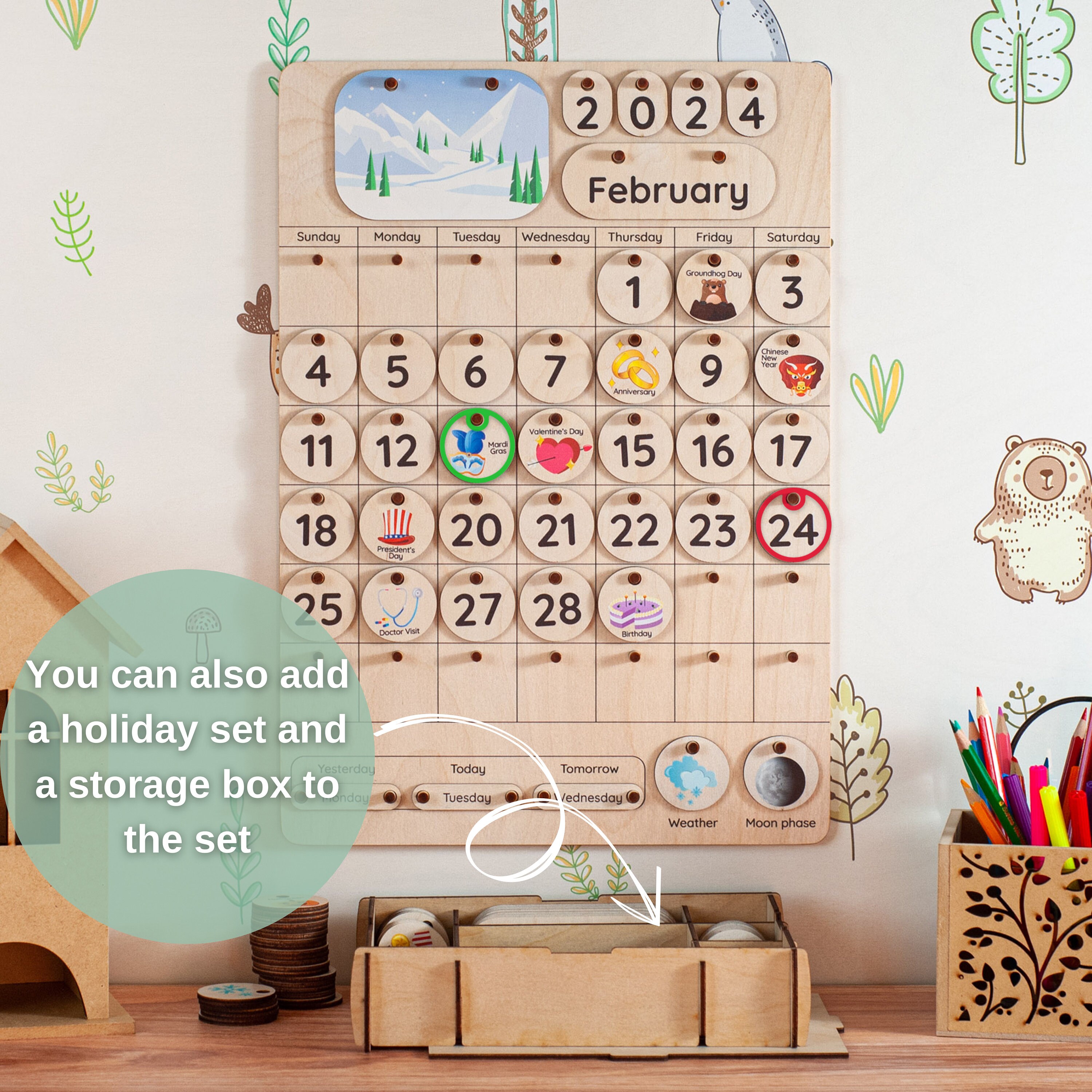 Montessori Calendar Educational Toy Toddler Room Decor Wooden Calendar ...