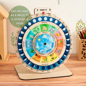 Montessori Calendar Kids Wooden Wheel Calendar With Months Perpetual ...