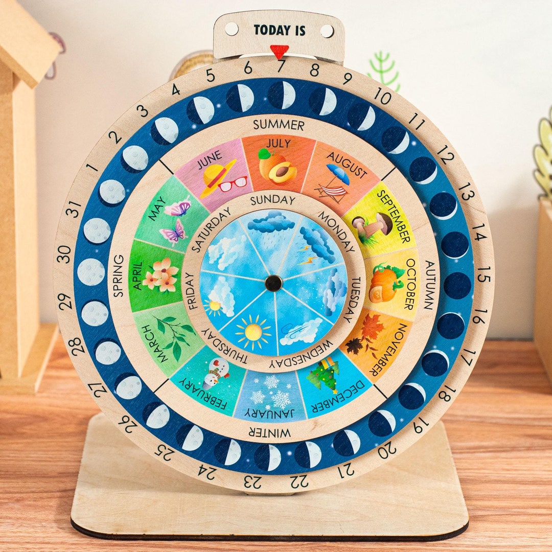 Toddler Gifts Wooden Wheel Calendar With Seasons and Moon Phases ...