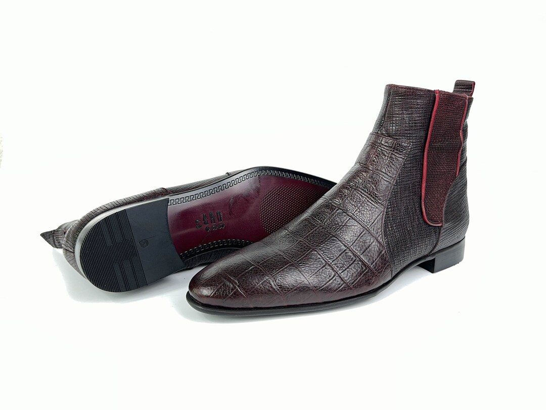 Handmade Leather Chelsea Crocodile Leather Boots for Men Burgundy ...