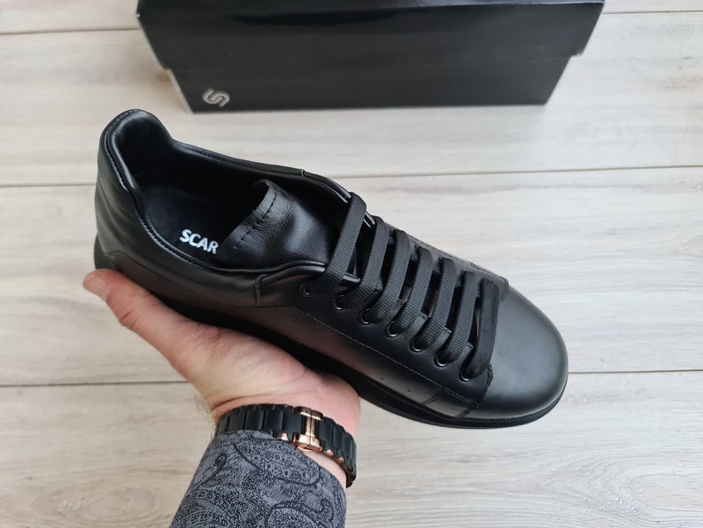 Black Genuine Leather Platform Sneakers Handmade Lace up Shoe With ...