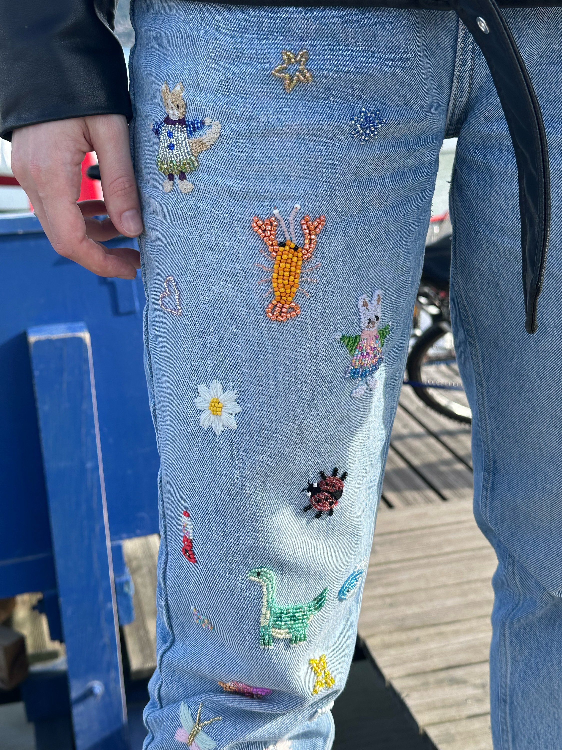 Hand Embroidered Jeans - Etsy