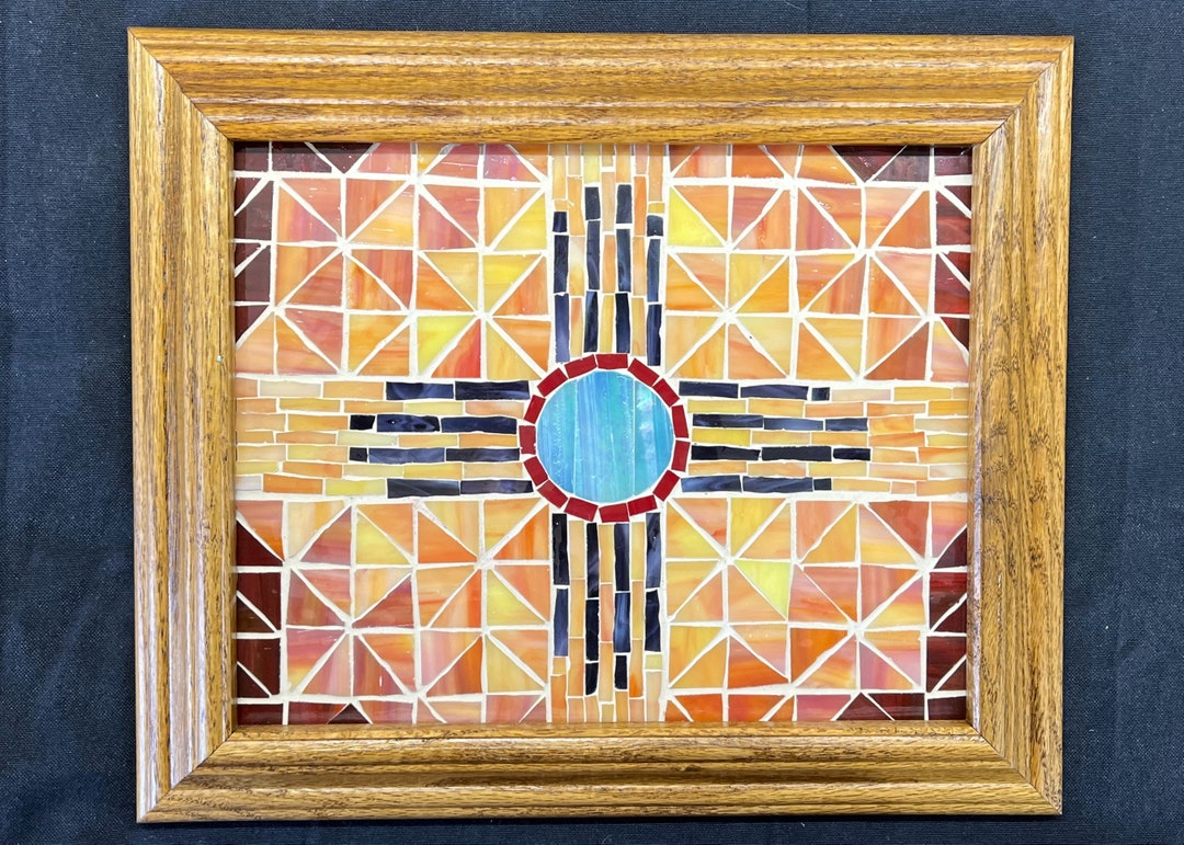 Stained Glass Mosaic Zia Sun Symbol Framed 11x13 Handmade Desert ...