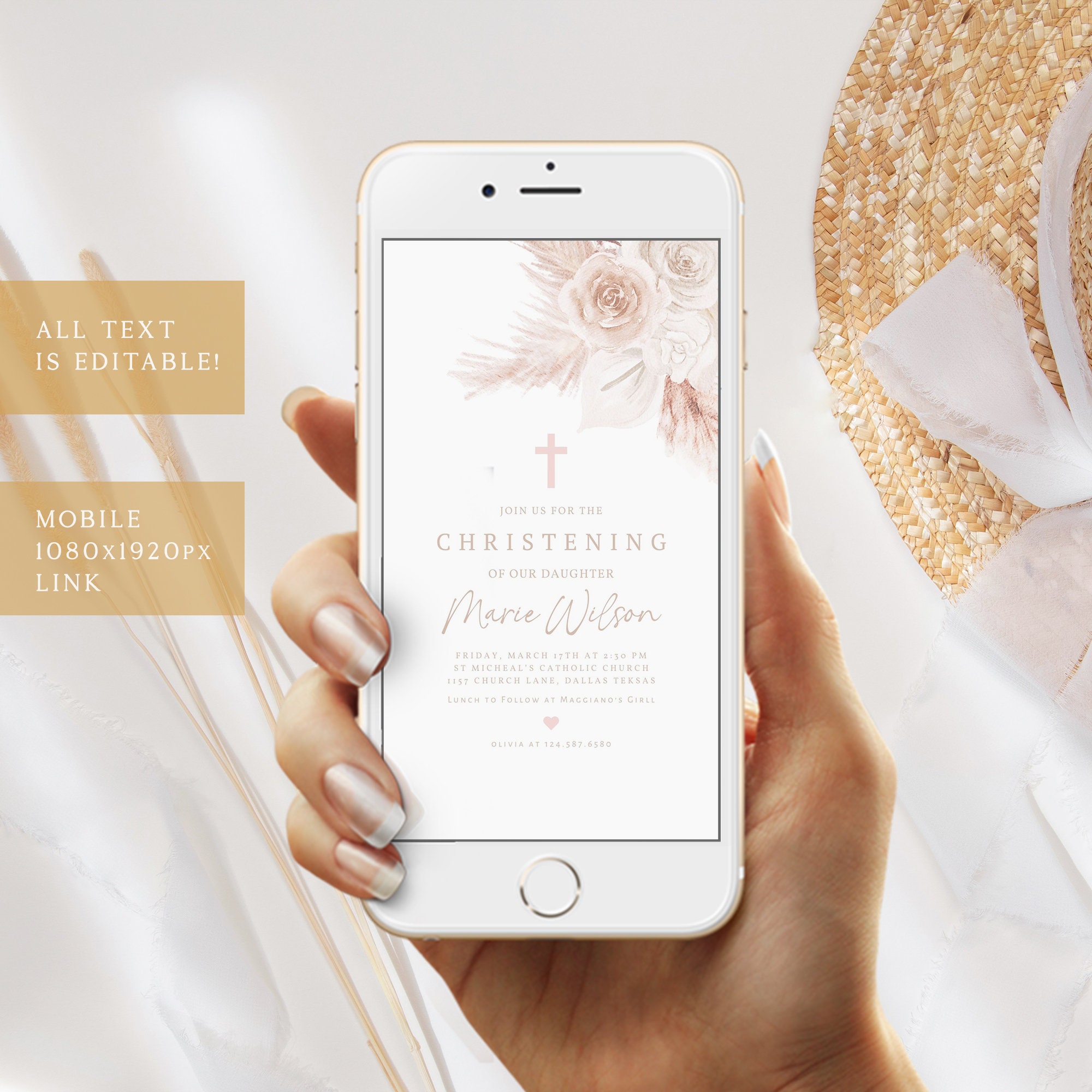 Boho Floral Christening Invitation Template, Pink Flowers (canva ...