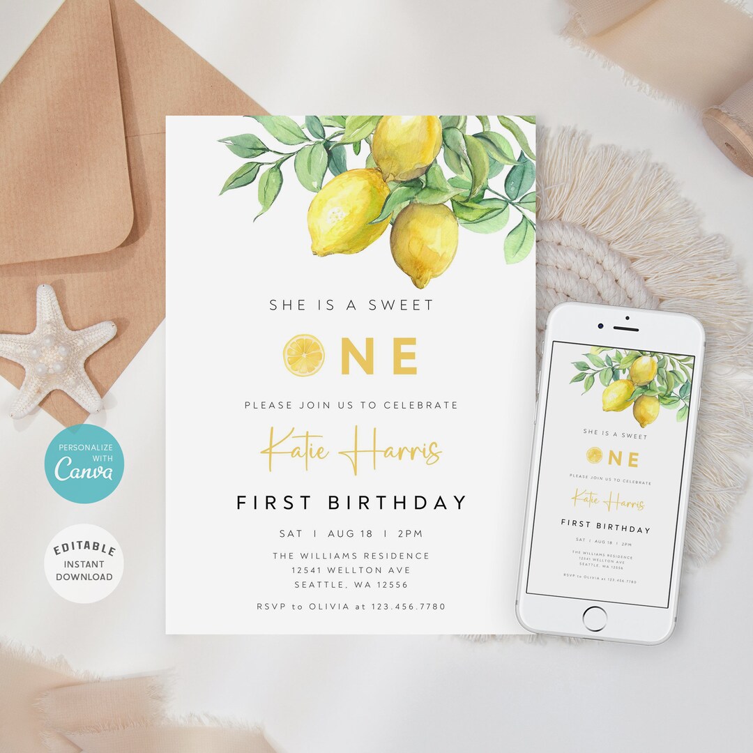 Lemon First Birthday Invitation Template, Citrus Birthday Invite ...