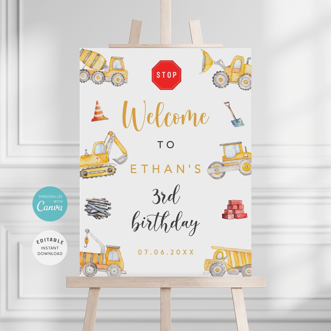 Construction Birthday Welcome Sign, Truck Party Decoration (editable ...