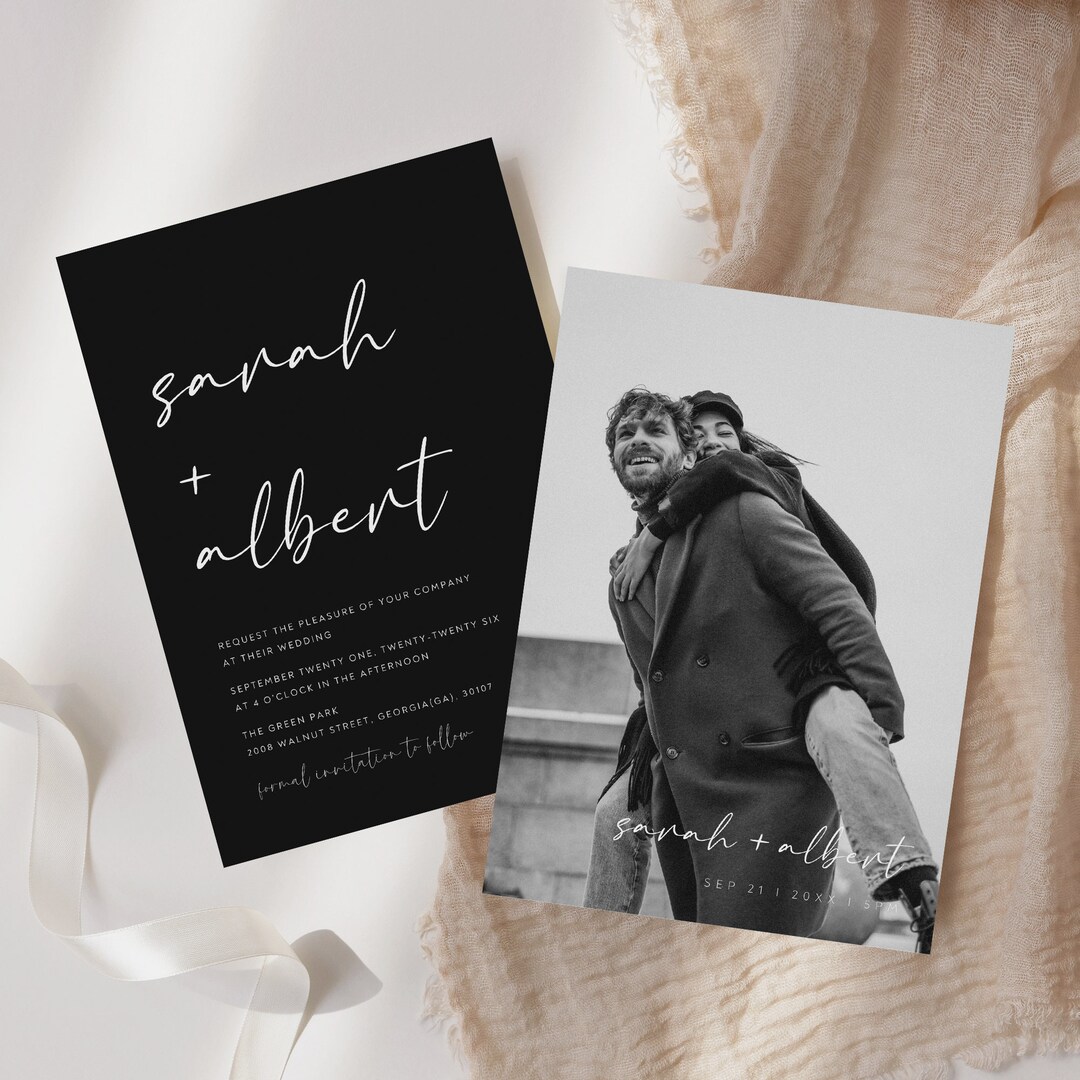 Black Wedding Invitation Template, Editable Minimalist Wedding Invite ...