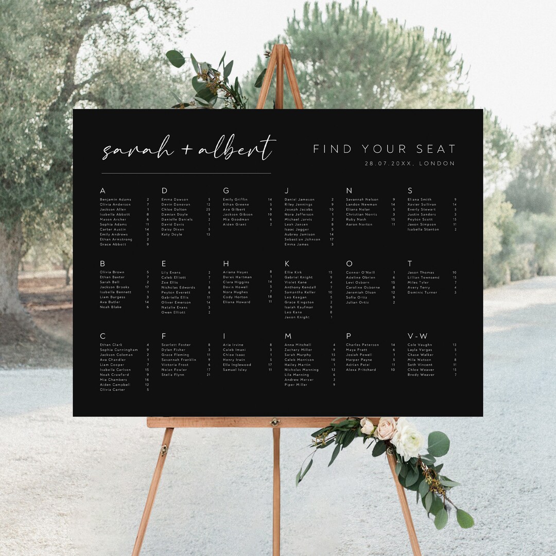 Alphabetical Seating Chart Template, Black Wedding Seating Chart ...