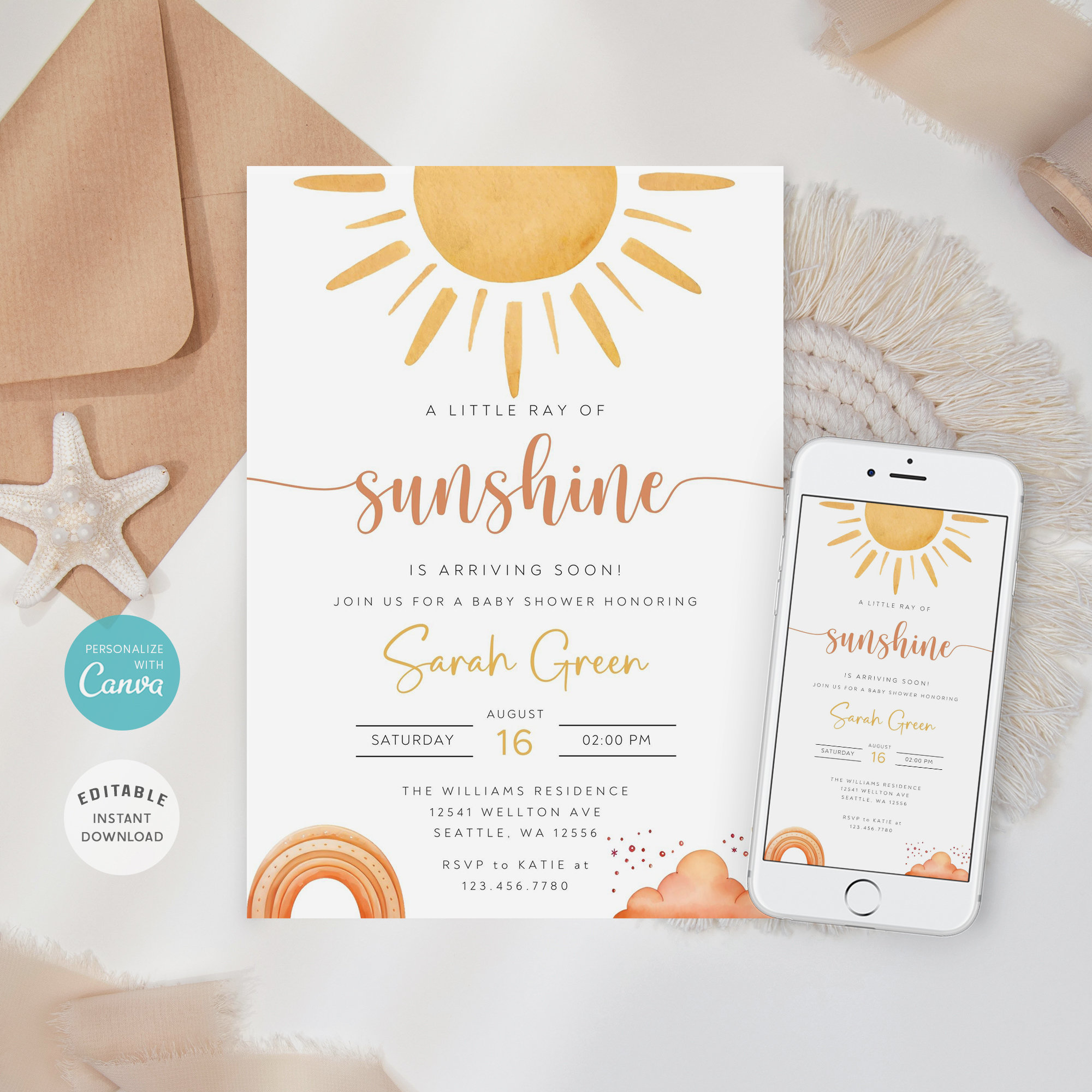 Editable Sunshine Baby Shower Invitation, A Little Ray of Sunshine Baby ...