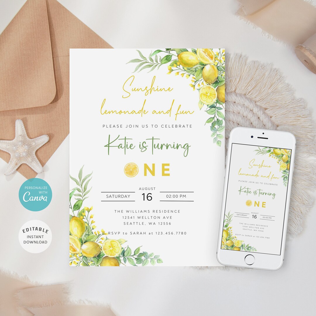 Editable Lemon First Birthday Invitation, Citrus Birthday Invite ...