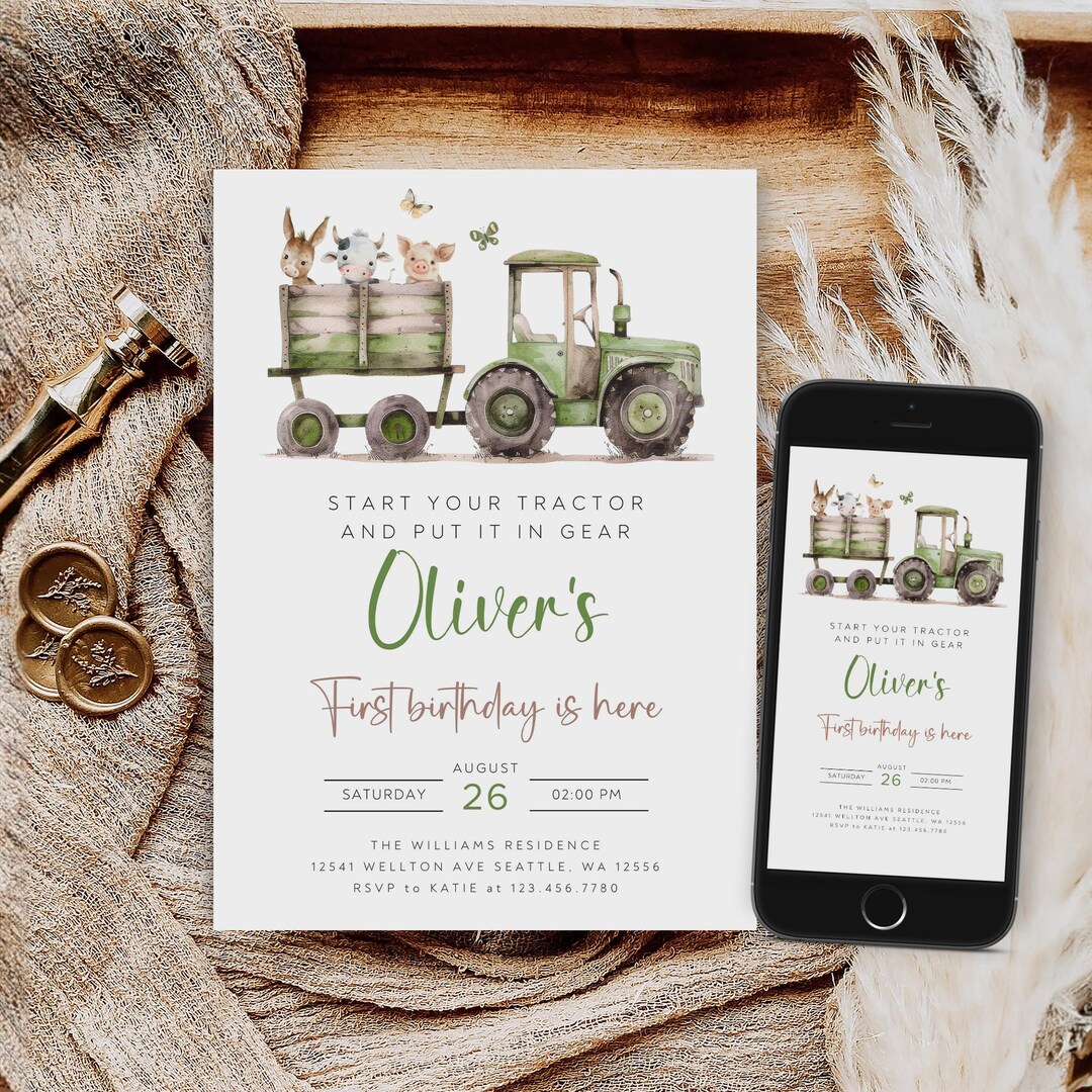Green Tractor Birthday Invitation Template, Farm First Birthday Invite ...