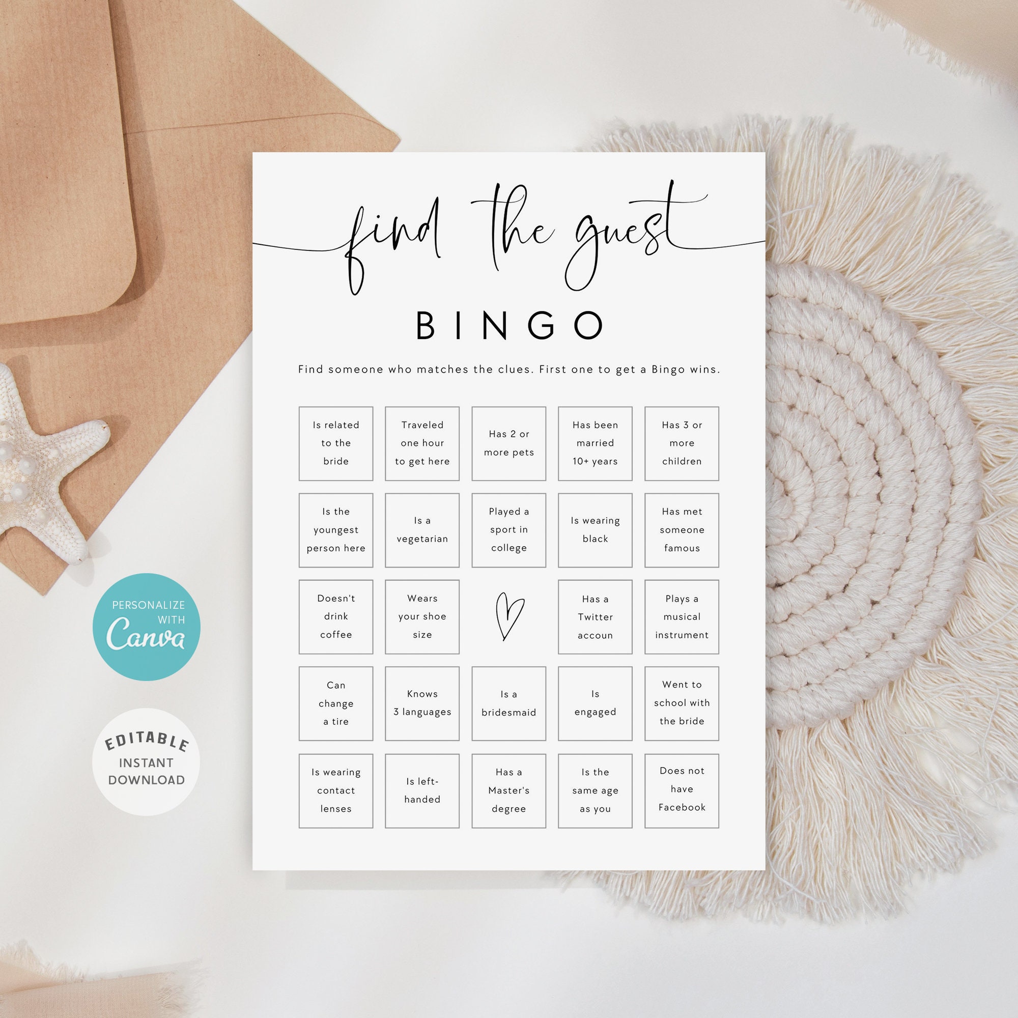 Find the Guest Wedding Bingo Game, Modern Bridal Shower Games, Social ...