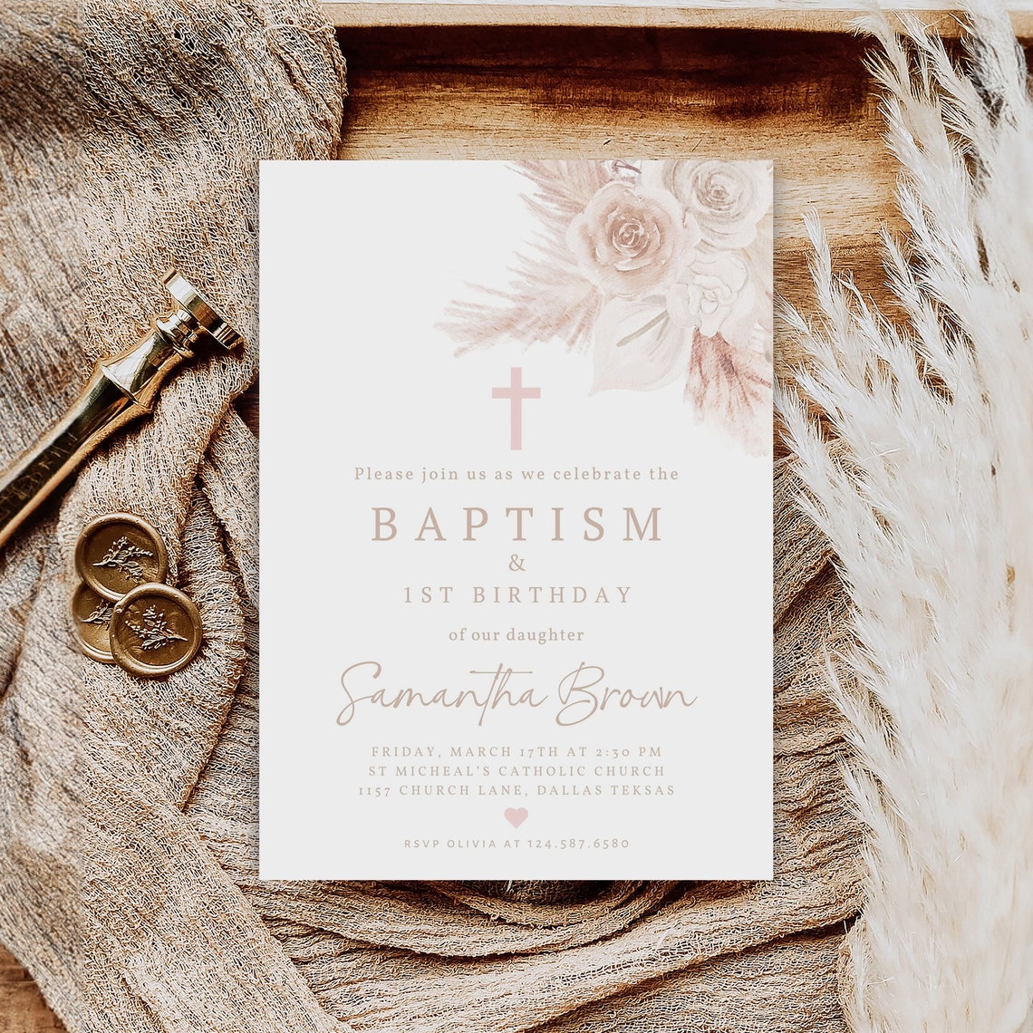 Boho Baptism and 1st Birthday Invitation, Pink Flower Baptism Birthday ...