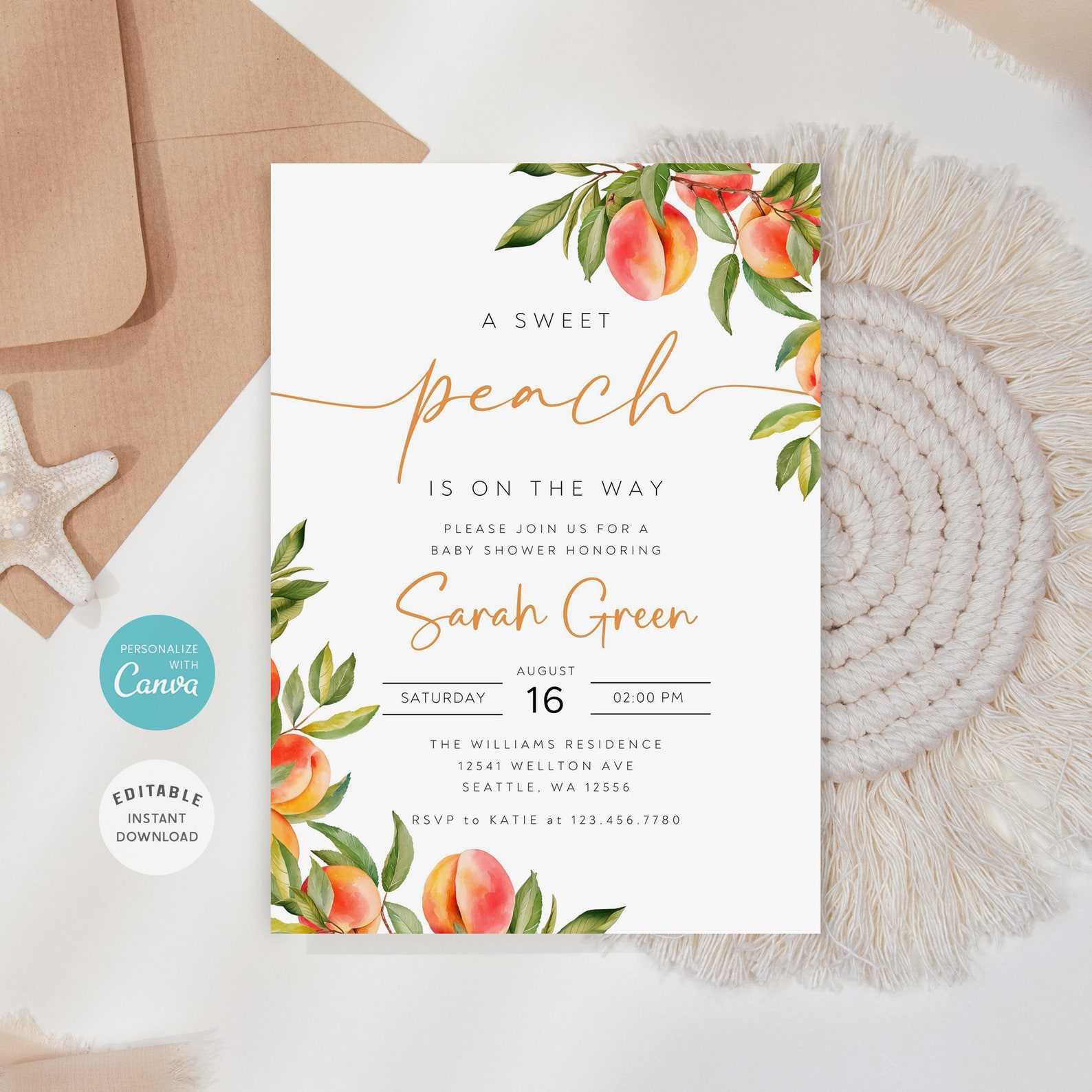 Editable Peach Baby Shower Invitation, Summer Girl Baby Shower Invite ...