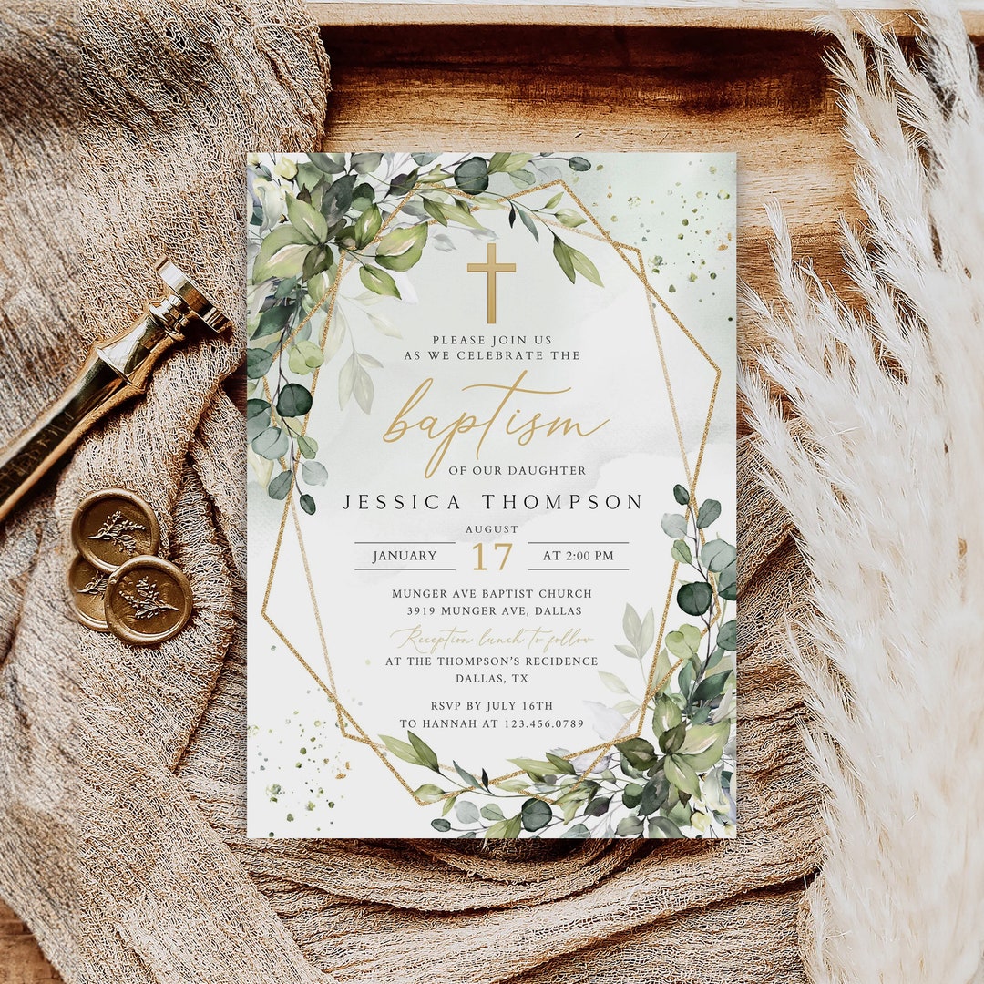 Baptism Invitation Template, Editable Baptism Invite, Greenery Baptism ...