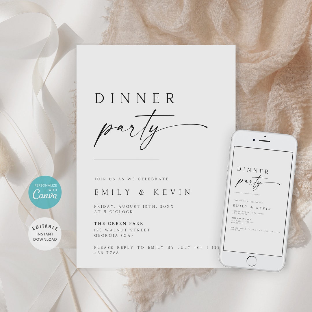 Dinner Party Invitation Template, Minimalist Rehearsal Dinner Invite ...
