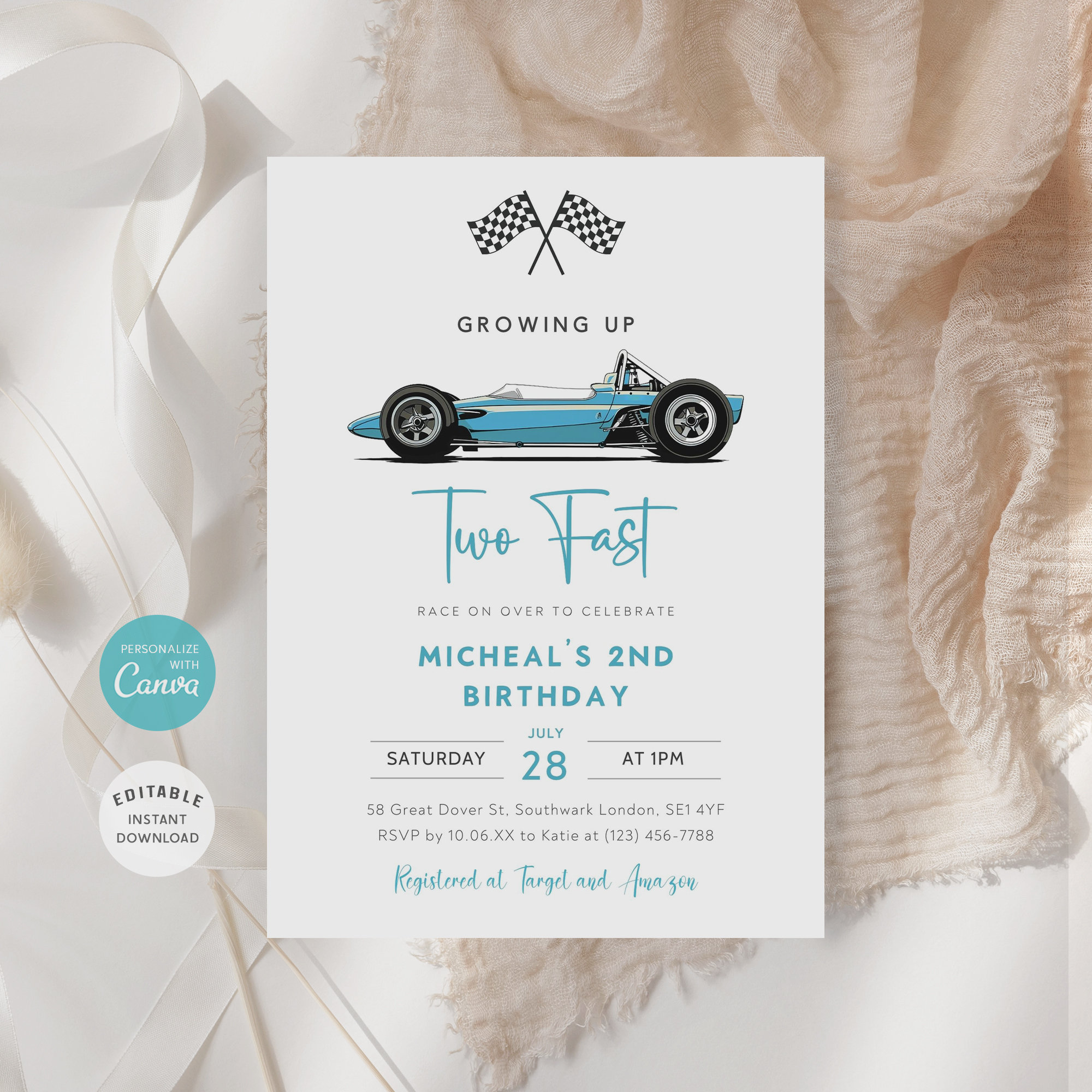 Editable Race Car Birthday Invite, Two Fast Birthday Invitation, Racing ...