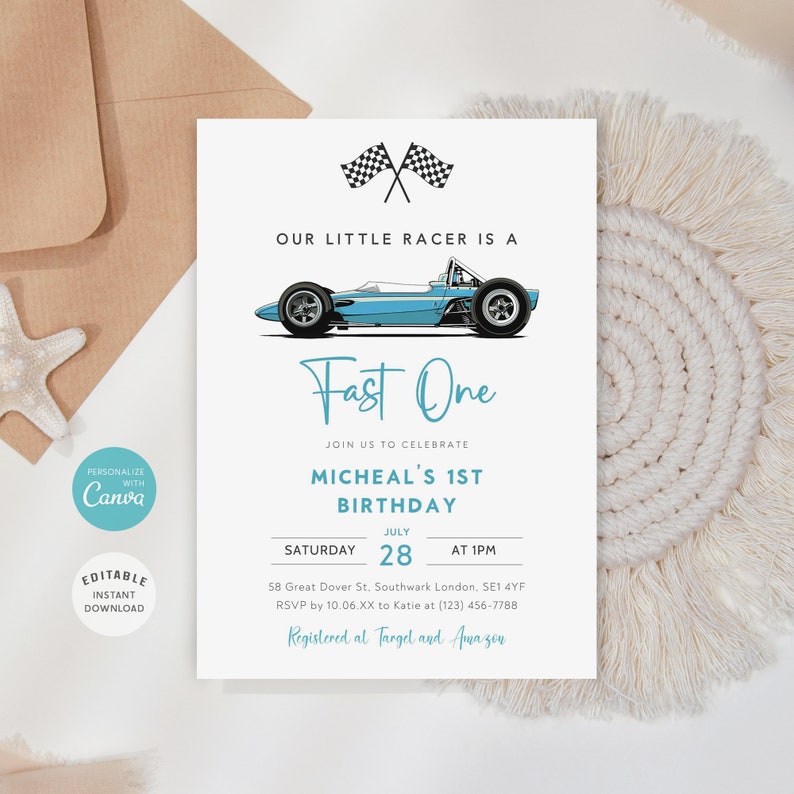 Blue Race Car Birthday Invitation Template, Fast One Invite (digital ...