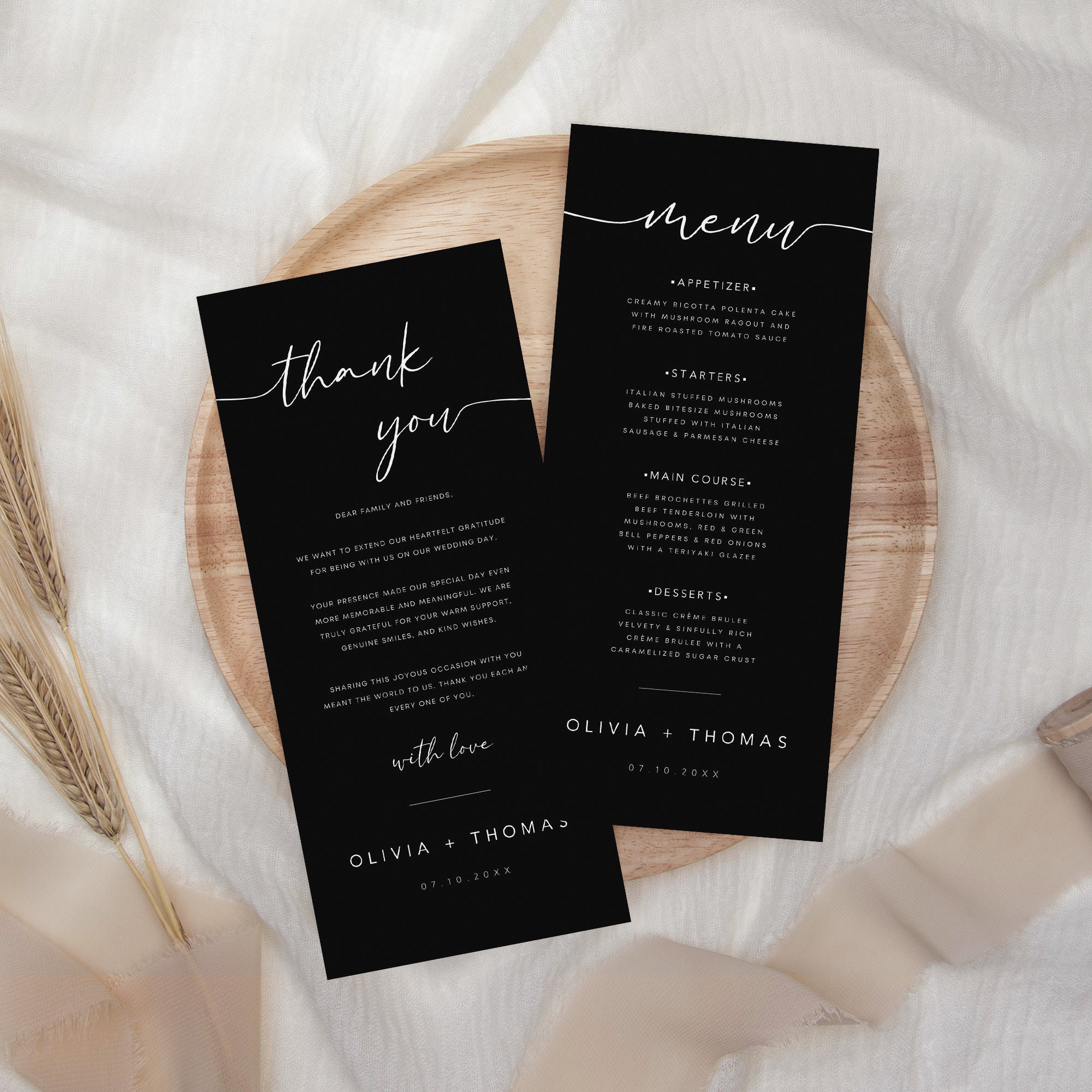 Black Wedding Menu and Thank You Card, Minimalist Menu Card, Thank You ...