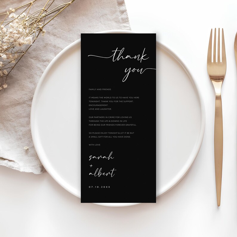 Minimalist Black Menu and Thank You Card, Wedding Napkin Note, Wedding ...
