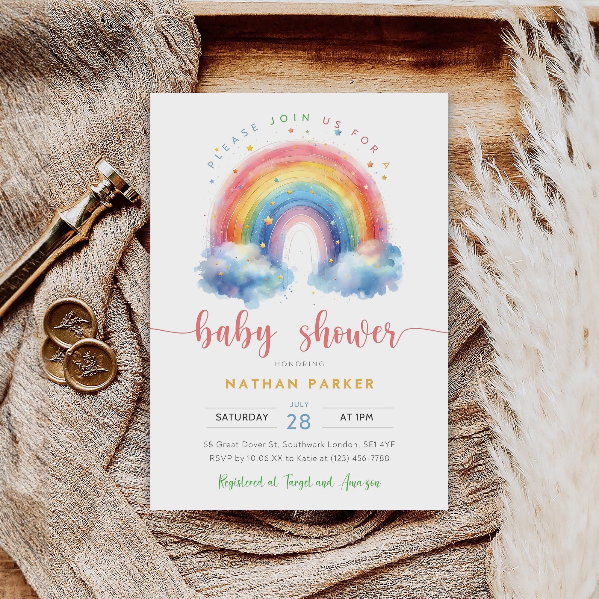 Editable Rainbow Baby Shower Invitation, Colorful Pastel Rainbow Baby ...