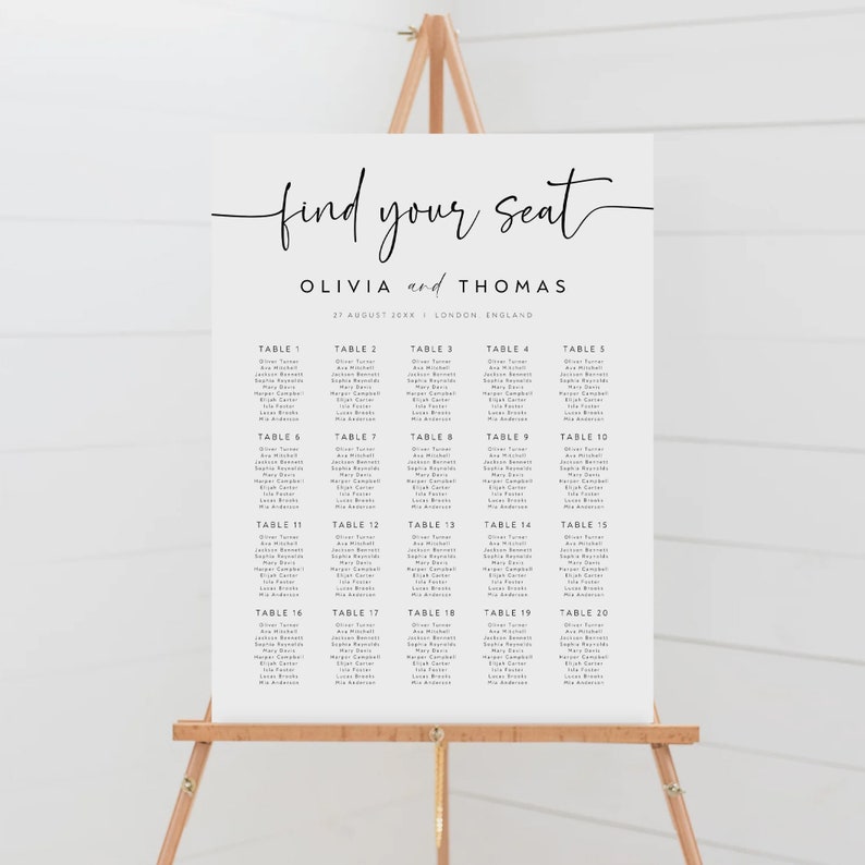 Minimalist Seating Chart Template, Elegant Wedding Seating Plan Sign ...