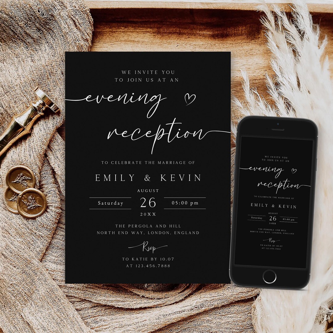 Editable Evening Wedding Reception Party Invitation, Black Wedding ...