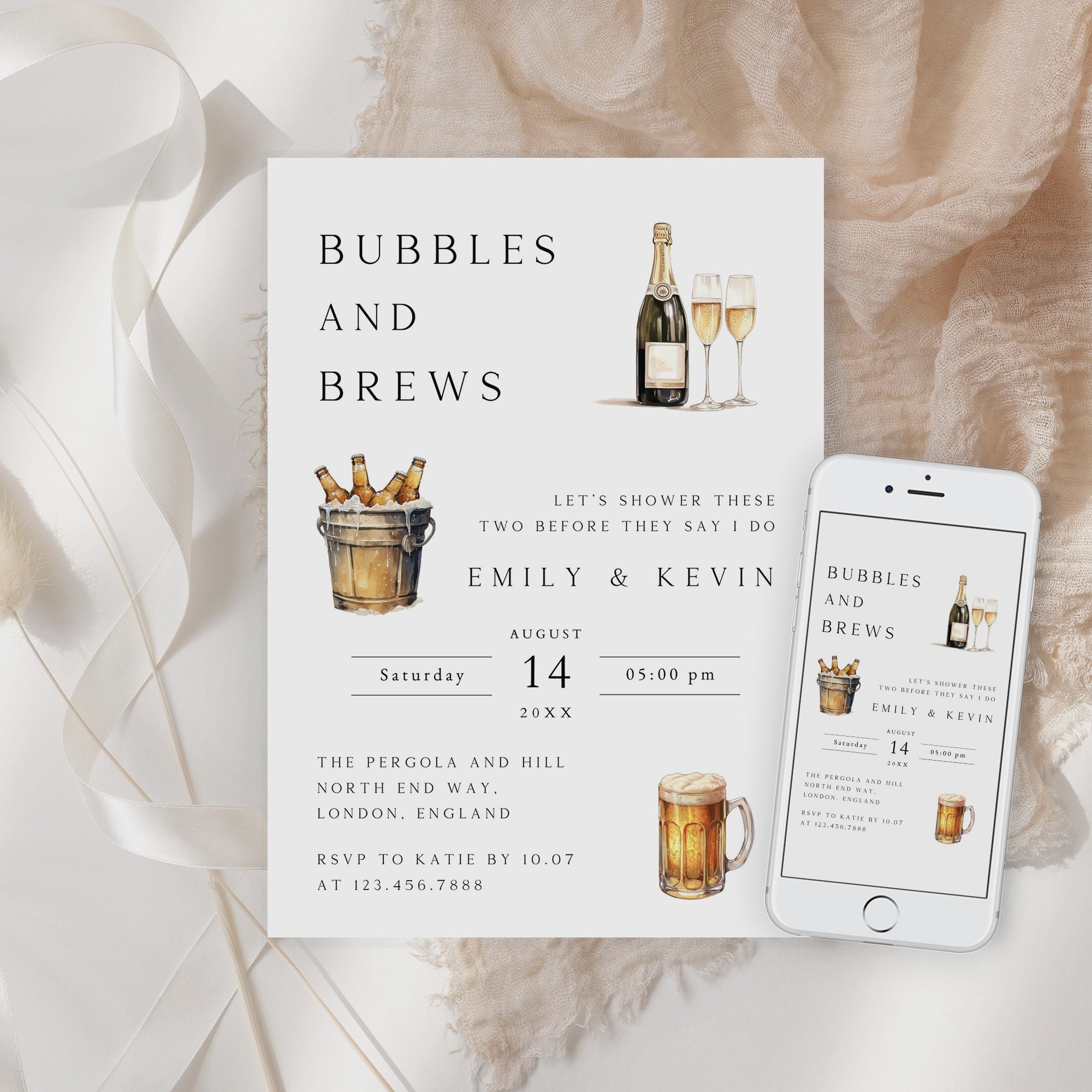 Editable Bubbles and Brews Shower Invitation, Brews and Bubbly Bridal ...