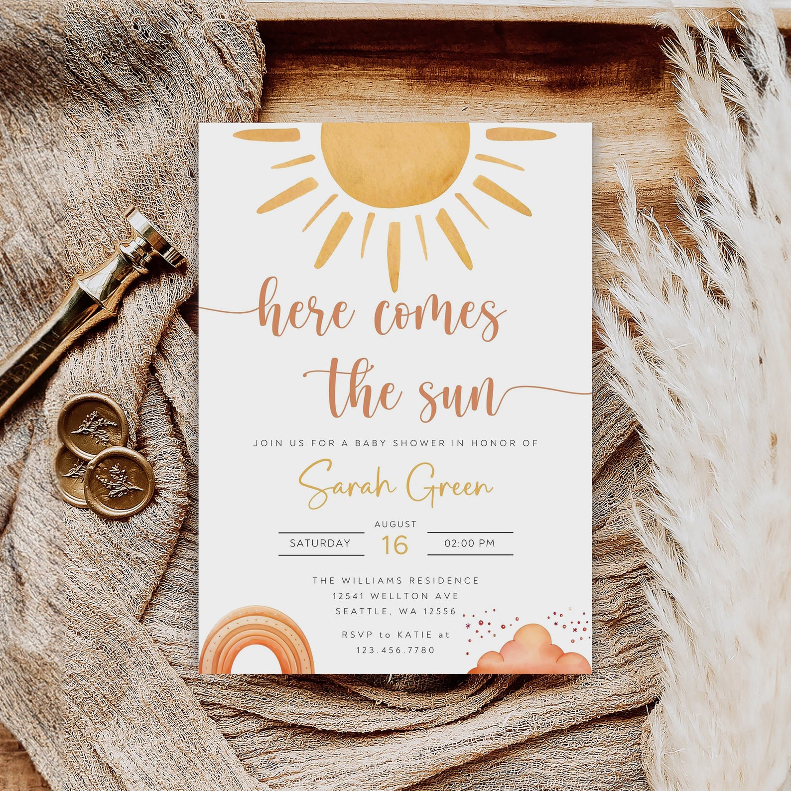 Editable Sunshine Baby Shower Invitation, A Little Ray of Sunshine Baby ...