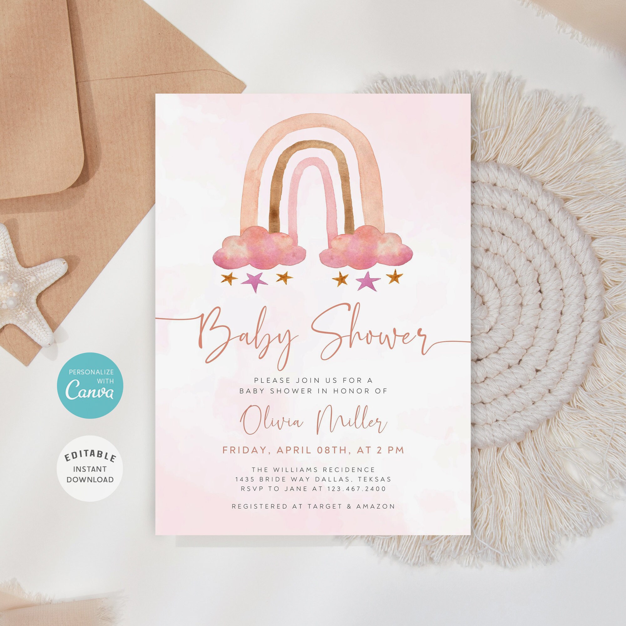 Editable Rainbow Baby Shower Invitation Bundle, Pink Baby Shower Invite ...