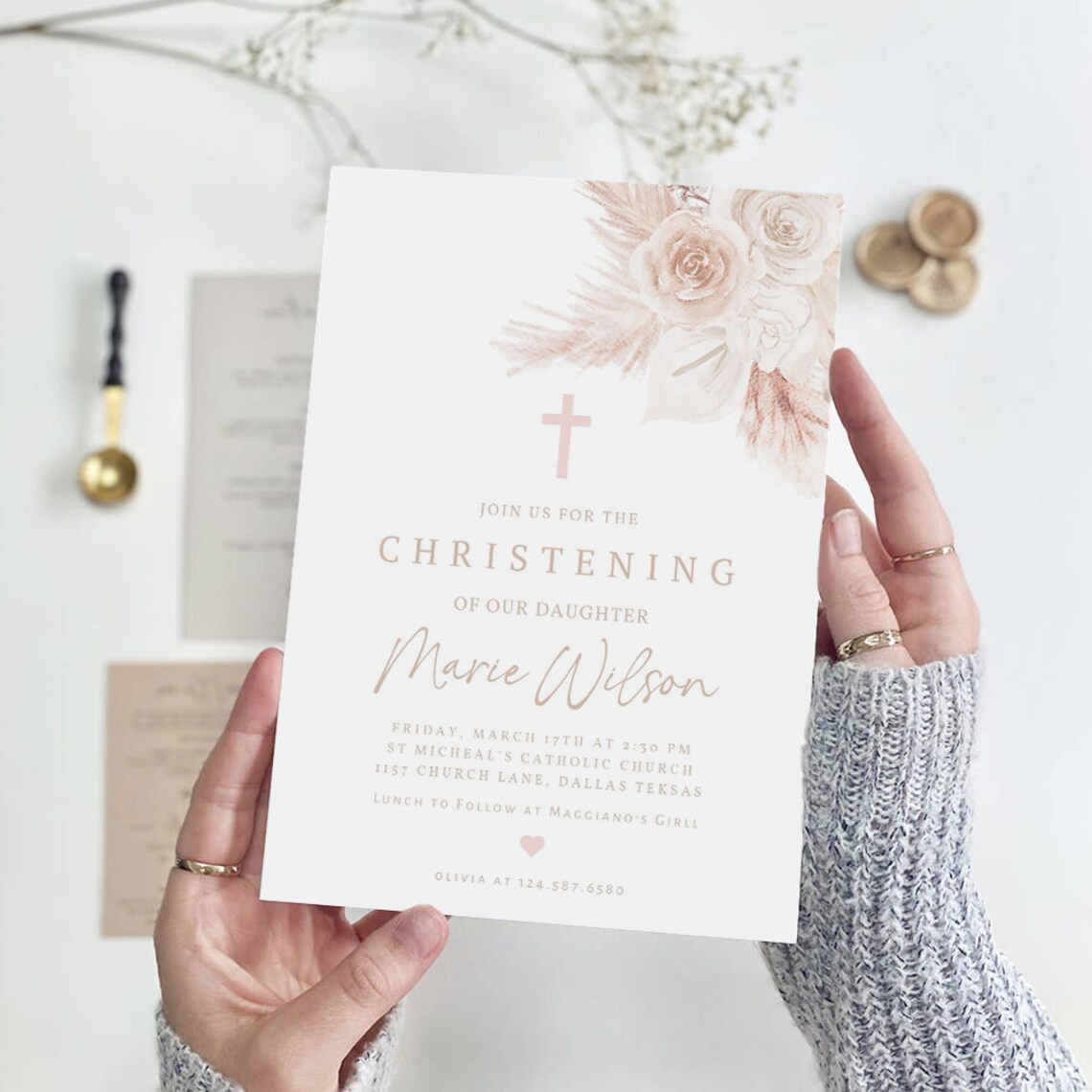 Boho Floral Christening Invitation Template, Pink Flowers (canva ...