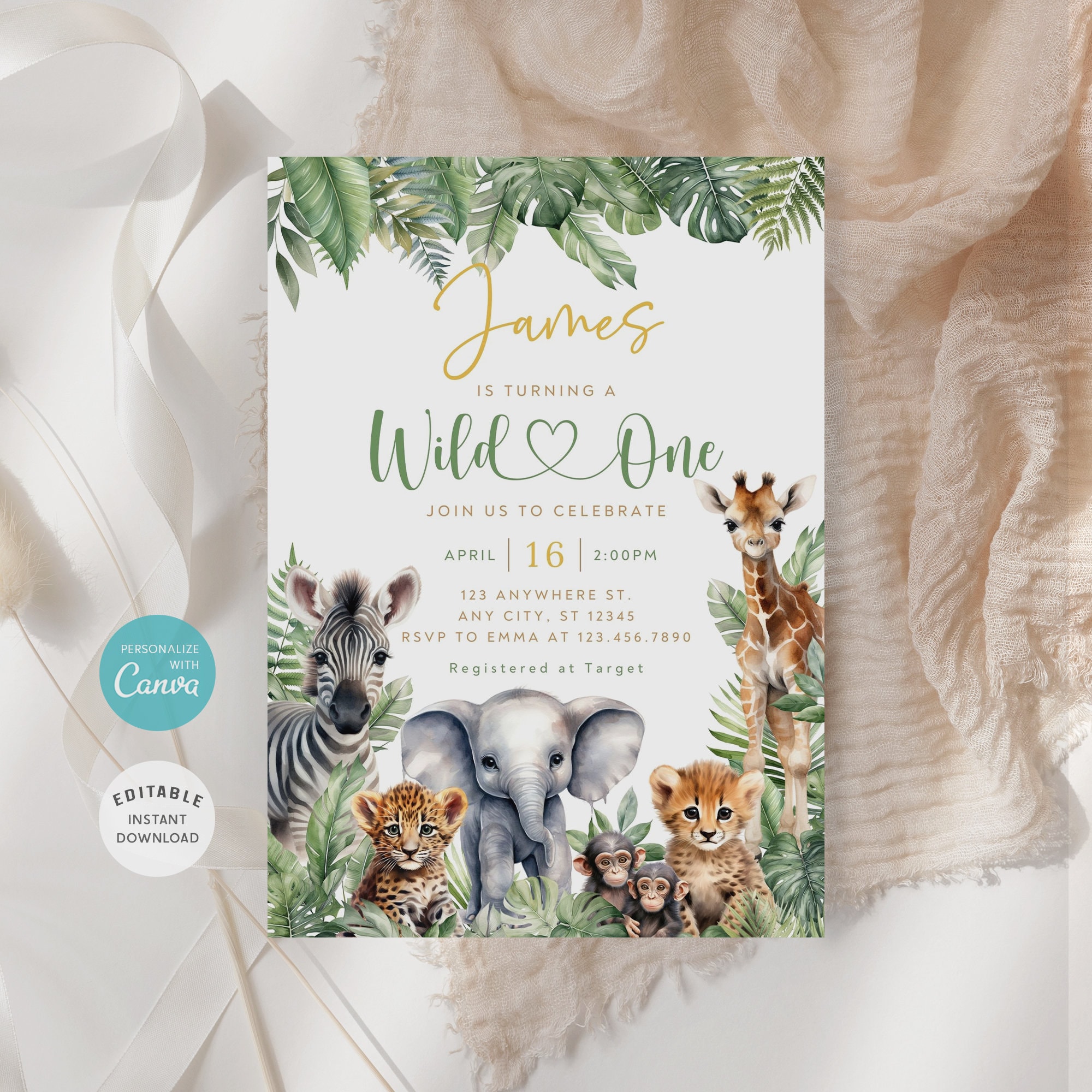 Editable Safari First Birthday Invitation, Wild One Birthday Invite ...