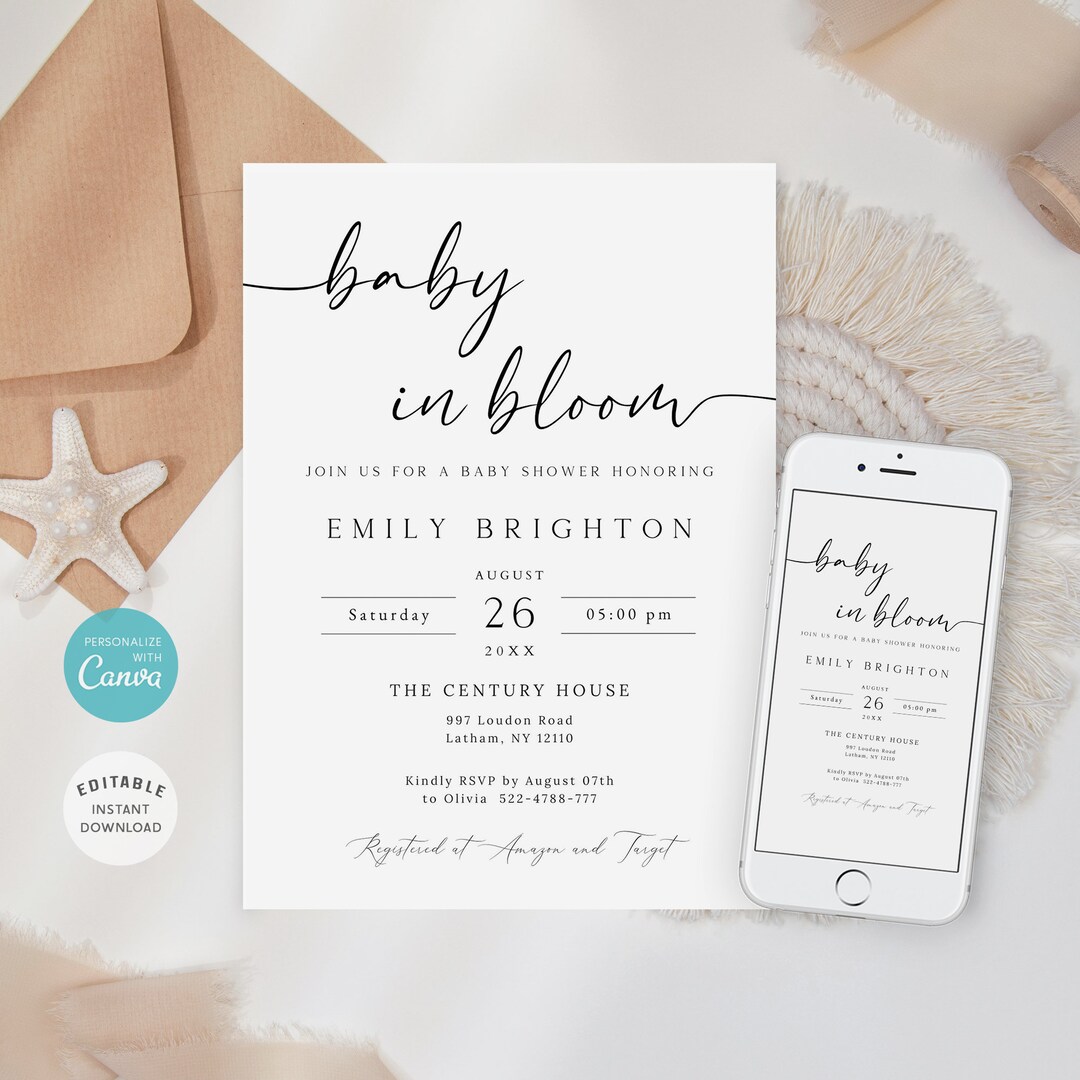 Minimalist Baby Shower Invitation, Baby in Bloom Invite Template ...