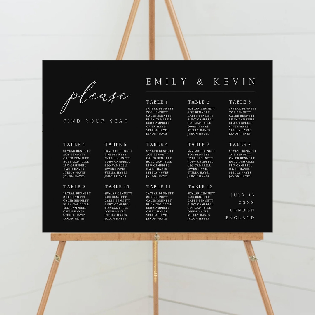 Wedding Seating Chart Template, Editable Seating Chart Sign, Black ...
