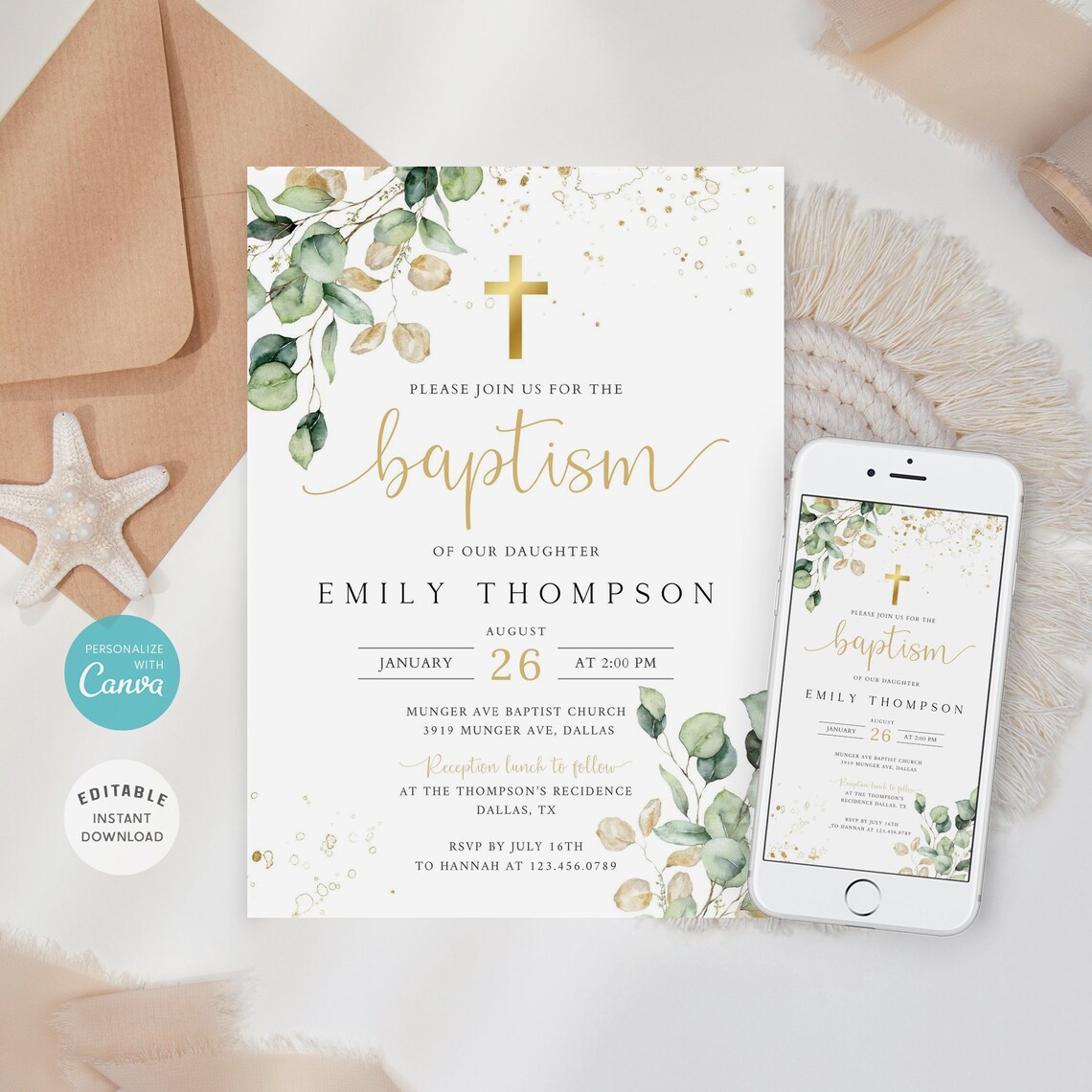 Greenery Gold Baptism Invitation Template, Editable Baptism Invite ...
