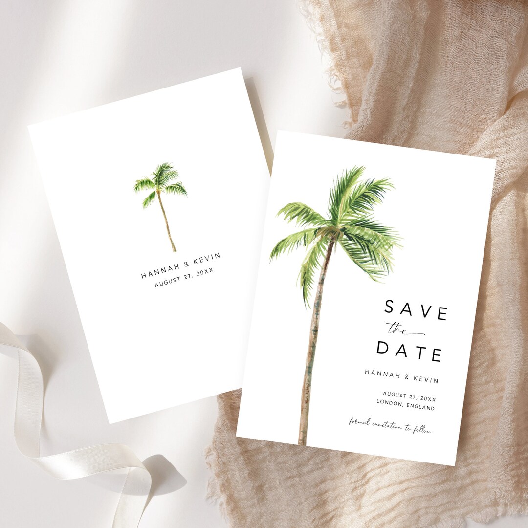 Palm Tree Save the Date Template, Beach Wedding Save the Date Card, Double-sided Save the Date ...