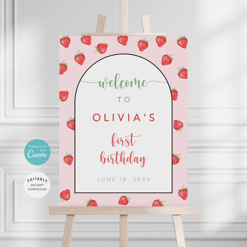 Editable Strawberry Birthday Welcome Sign, Berry First Birthday Sign ...