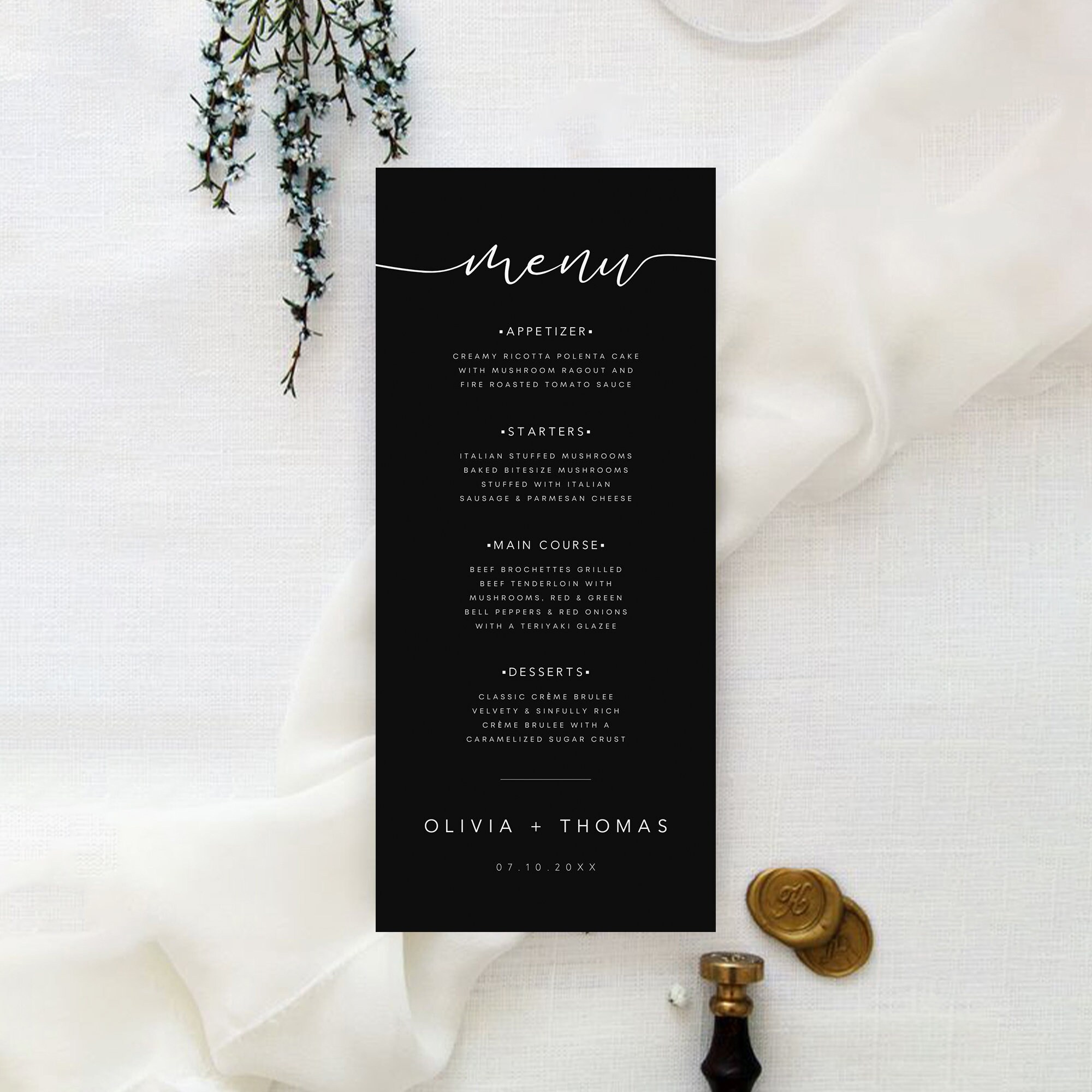 Black Wedding Menu Card Template, Minimalist Wedding Dinner Menu ...