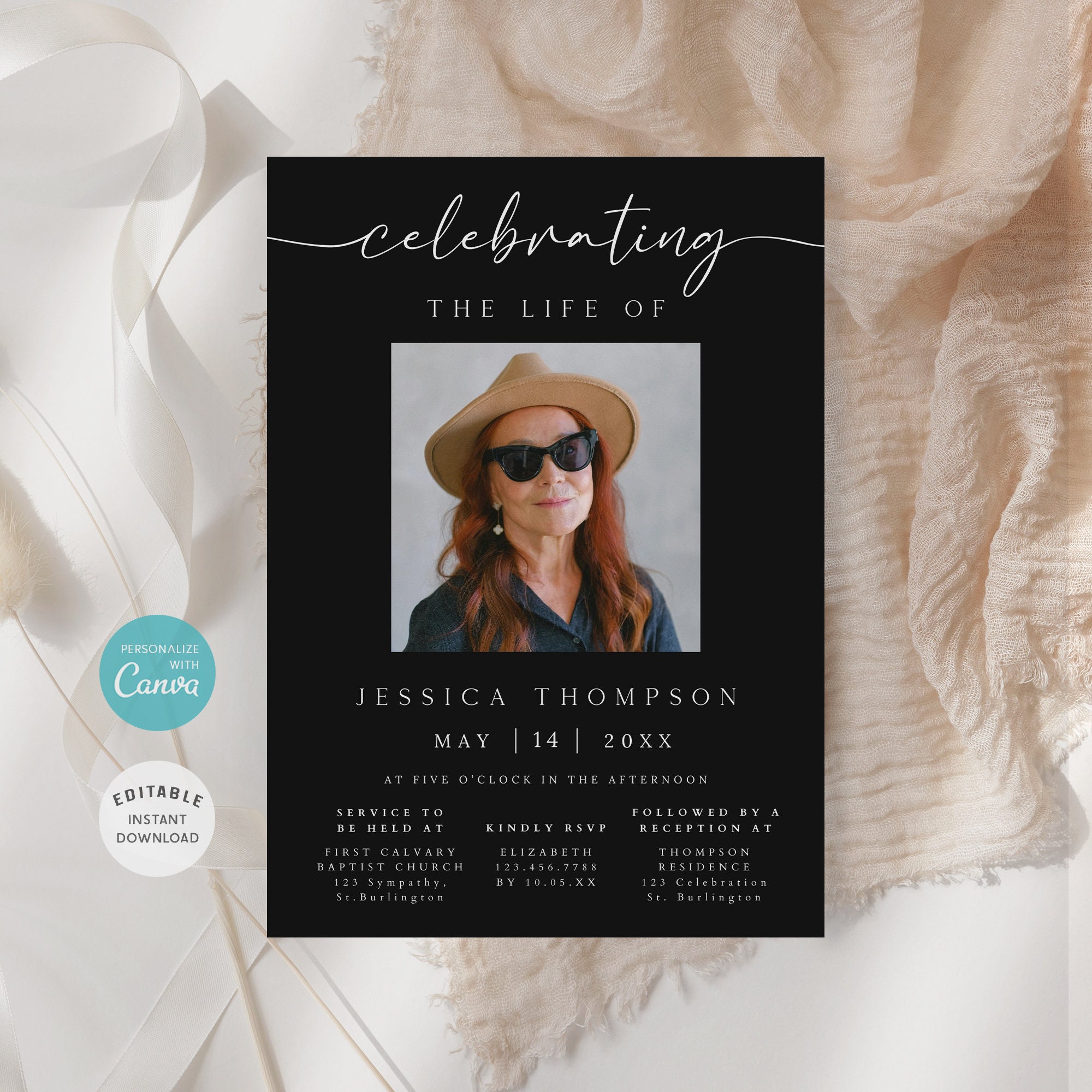 Editable Memorial Service Invitation, Funeral Photo Invite, Celebration ...