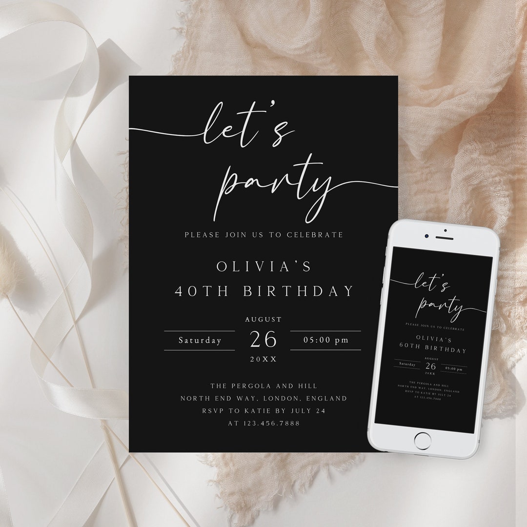 Editable Adult Birthday Party Invitation, Adult Birthday Black Invite ...