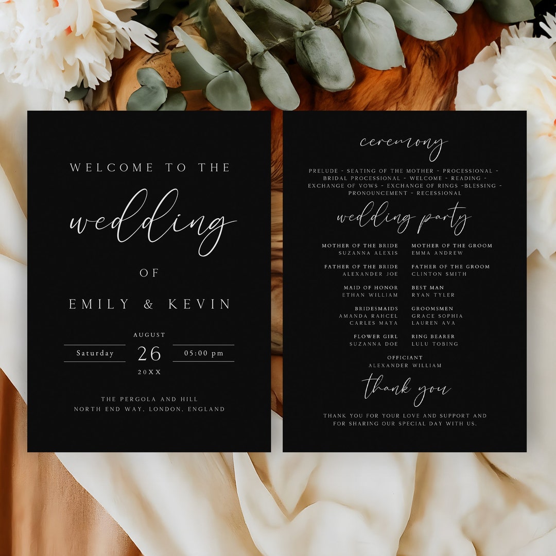 Black Wedding Program Template, Order of Service, Editable Wedding Program, Instant Download ...