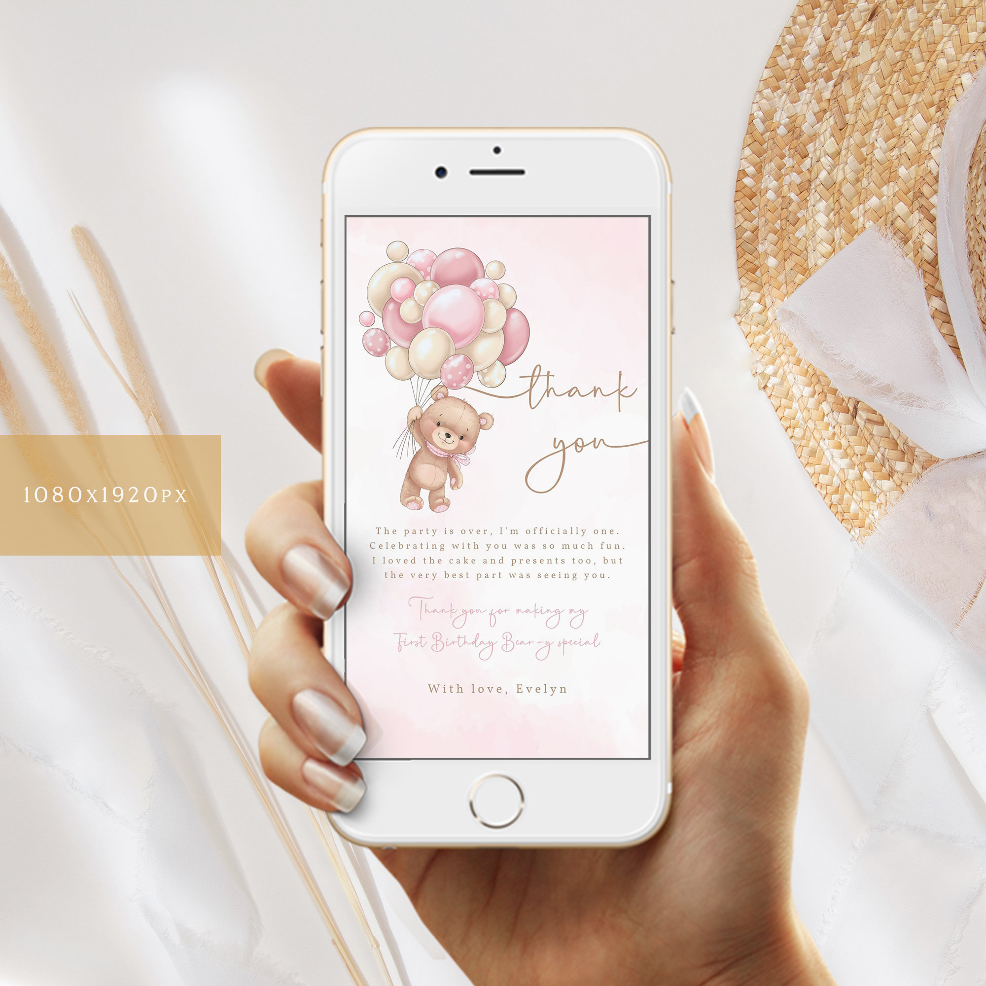 Teddy Bear Baby Shower Thank You Card, Pink Thank You Note, Editable ...