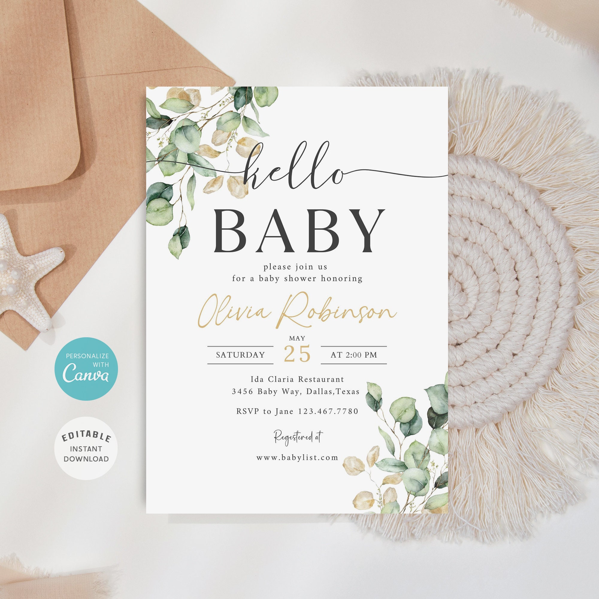 Hello Baby Invitation Template, Botanical Invite, Eucalyptus Baby Sower ...