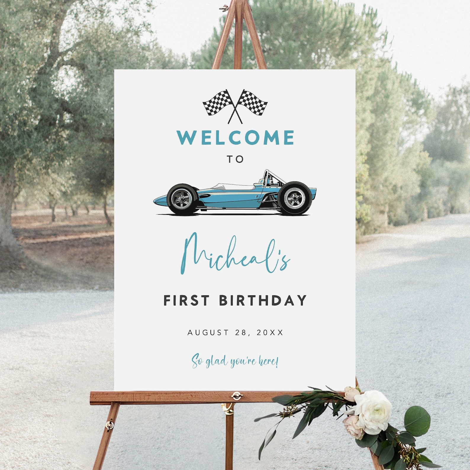 Race Car Birthday Welcome Sign, Blue Racing Car Welcome Sign, Editable ...