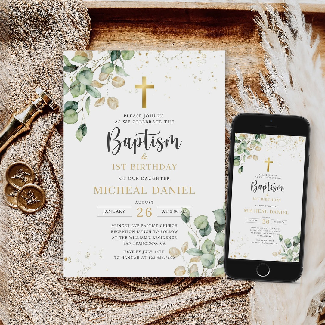 Greenery Baptism 1st Birthday Invitation Template, Editable Evite ...