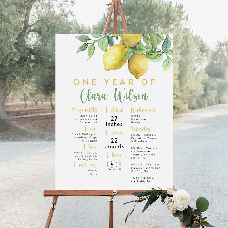 Lemon 1st Birthday Milestone Board, Editable Party Decor (digital File ...