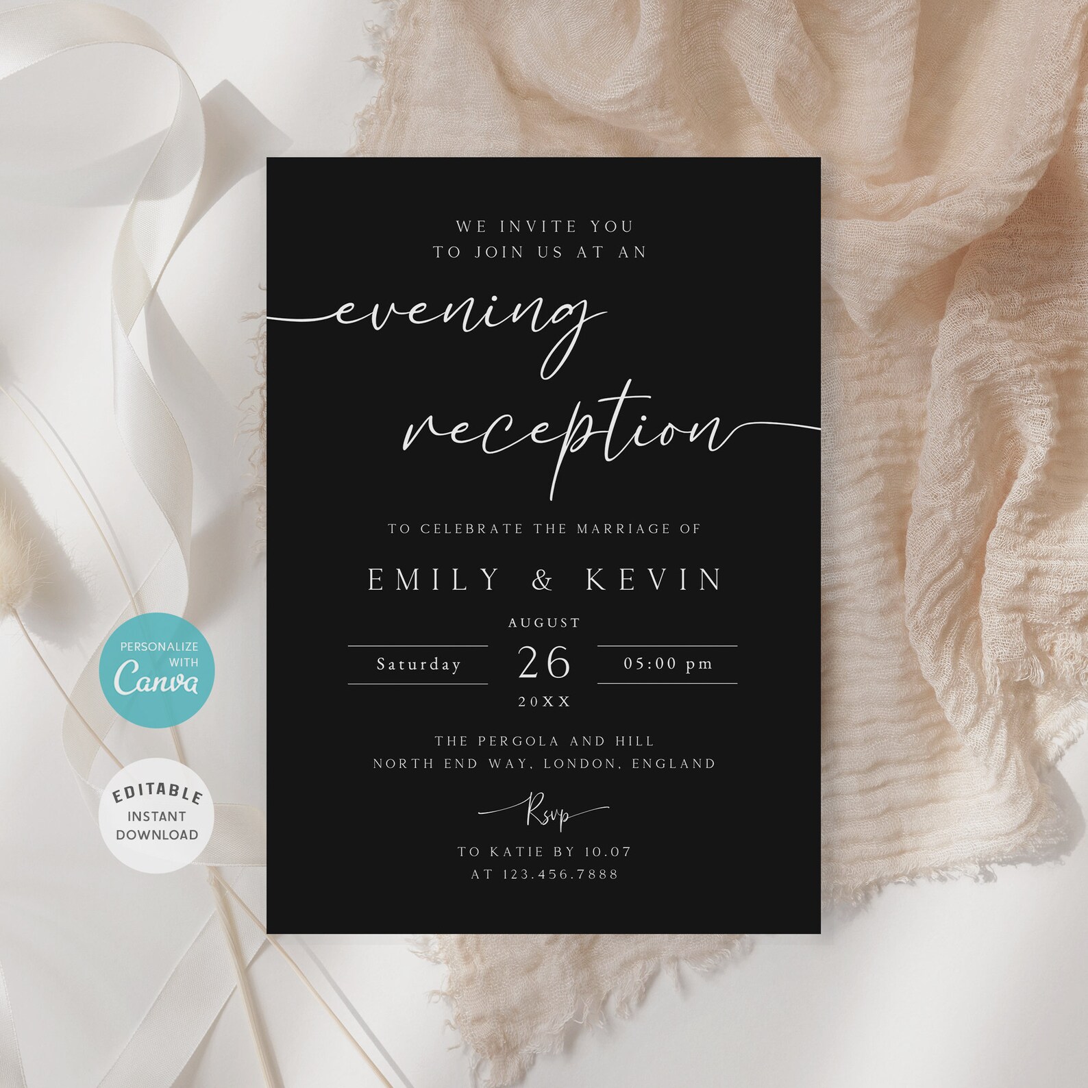Editable Evening Wedding Reception Party Invitation, Black Wedding ...