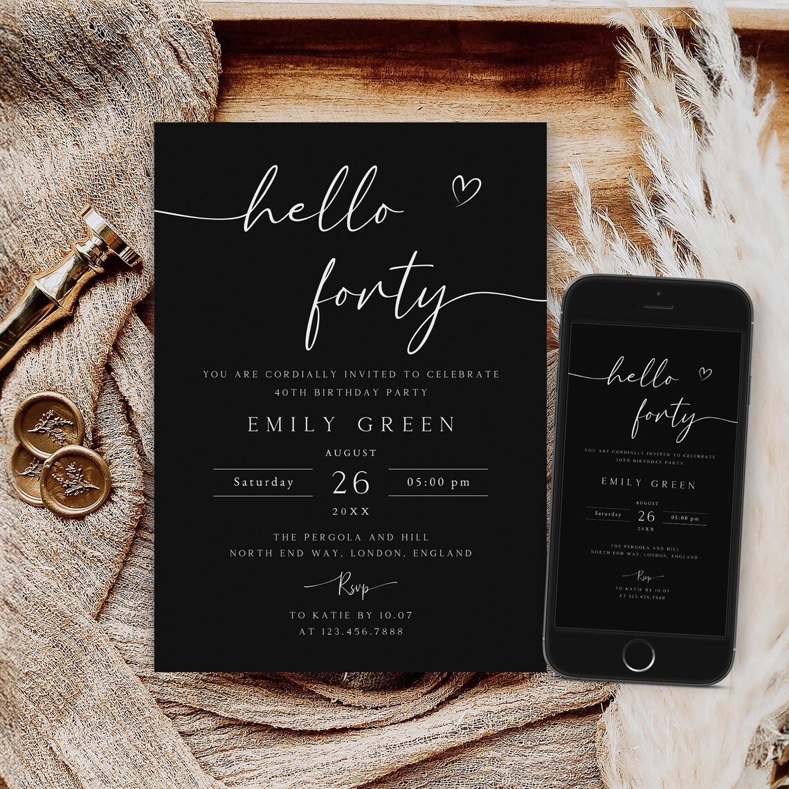 Editable Hello Forty Invitation, Black Birthday Party Invite (digital ...