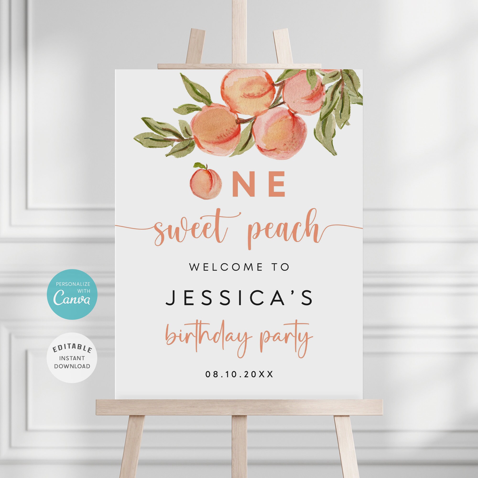 Peach First Birthday Welcome Sign, Editable Template (digital Download ...